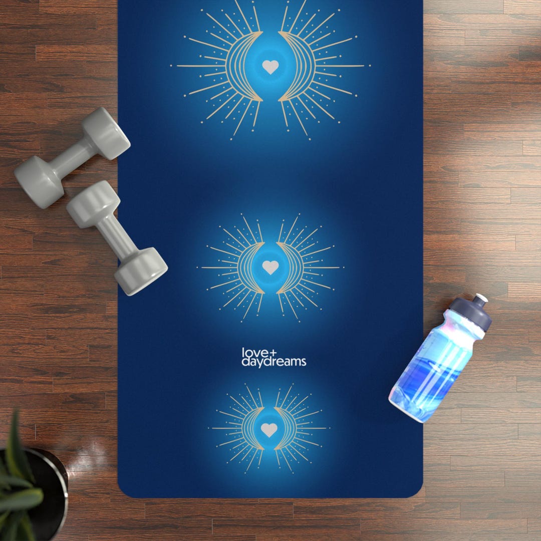 Yoga Mat, Music Sky Royal Blue Light Orbs Sun Rays Hearts Magical ...