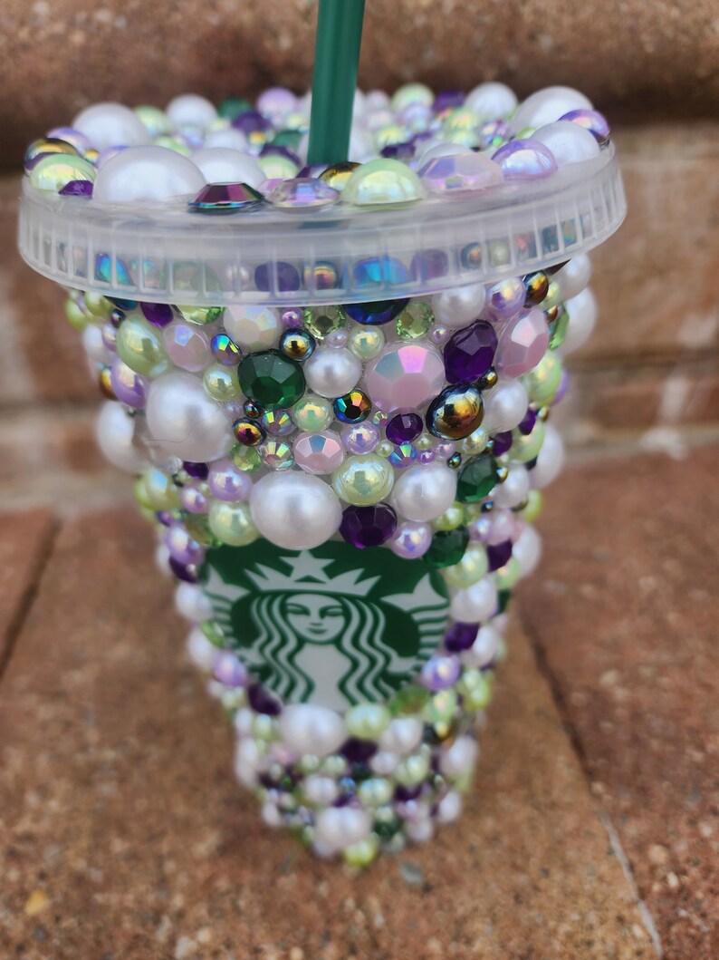 Purple and Green Starbucks Cup. Rhinestone and Pearl Bedazzle/beaded 24 ...