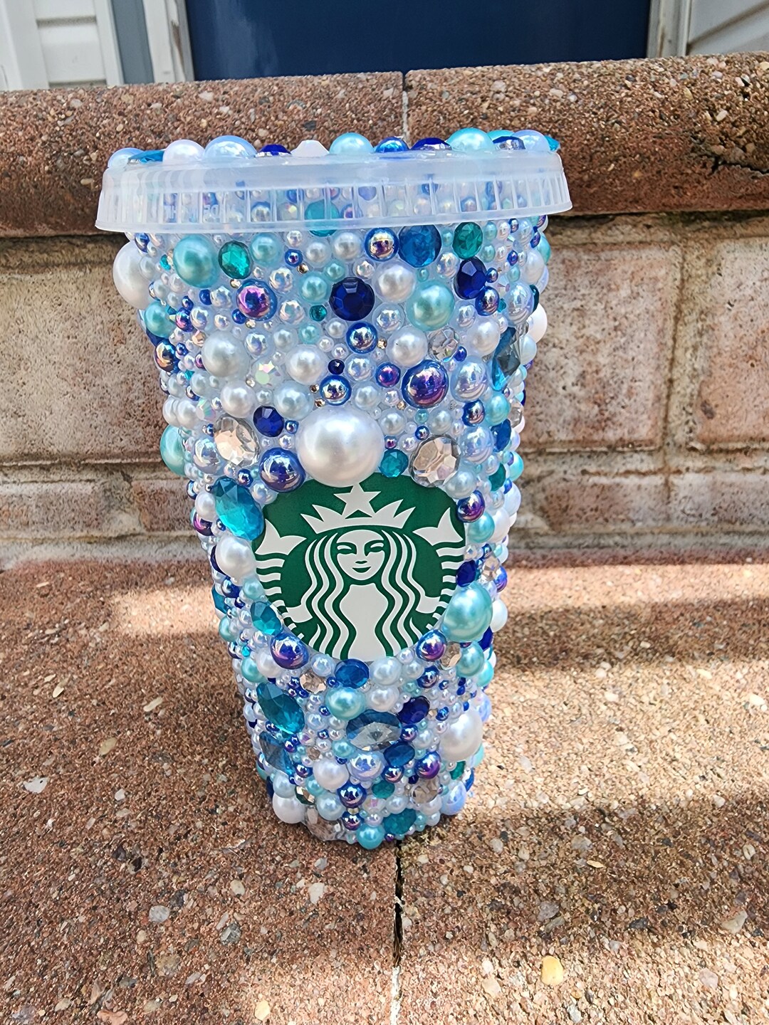 Blue and White Rhinestone/pearl Beaded 24oz Tumbler Cup With Lid and ...