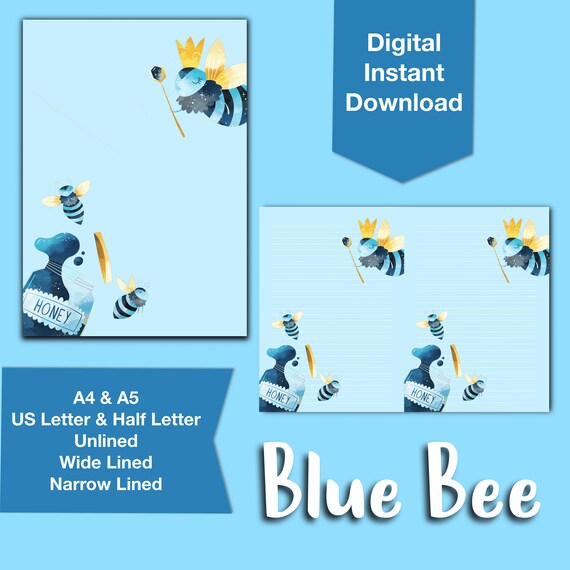 Blue Bee Printable Letter Writing Paper Stationery Digital | Etsy