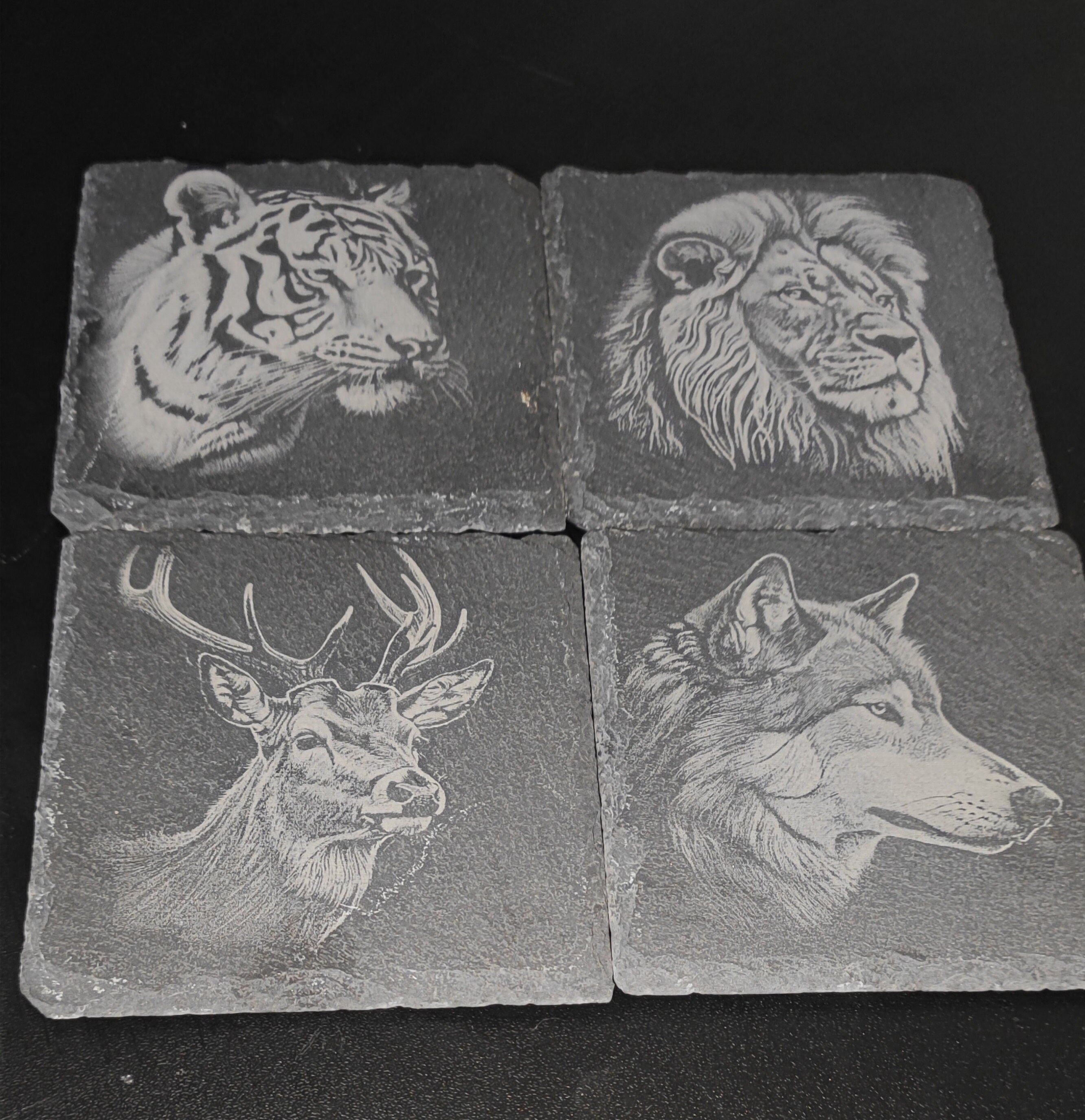 Wild and Rustic Slate Coasters - Engraved With Lion, Stag, Wolf, Tiger ...