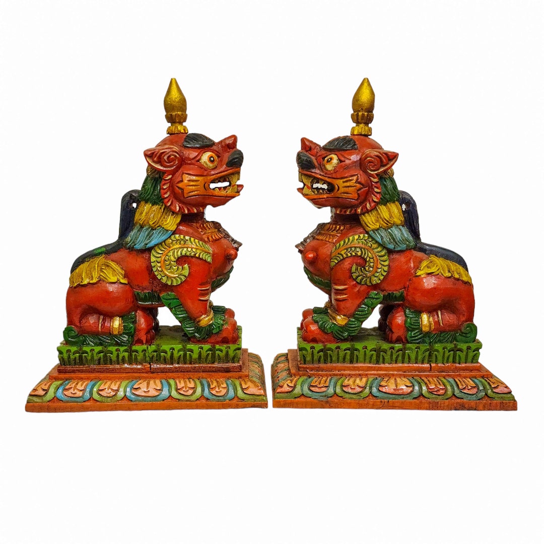 Traditional Tibetan Wooden Snow Lions Statues for Protection Door ...