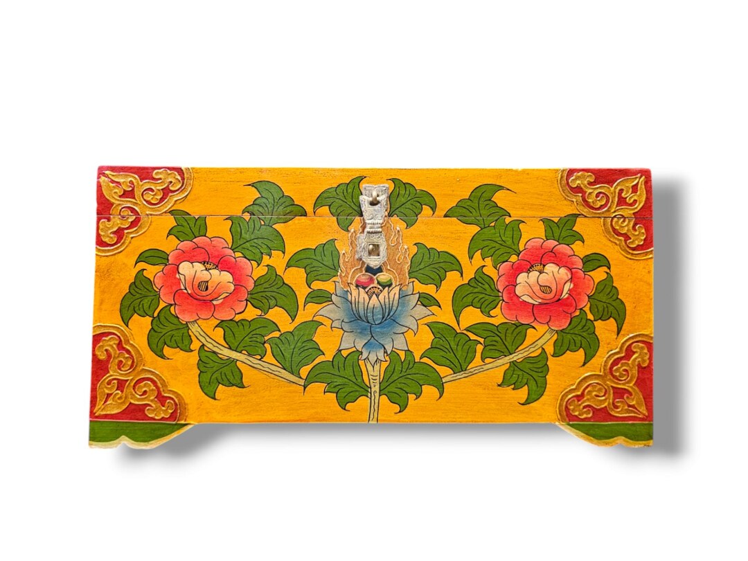 BIG SIZE - Traditional Tibetan Wooden Box, Handpainted With Lotus ...