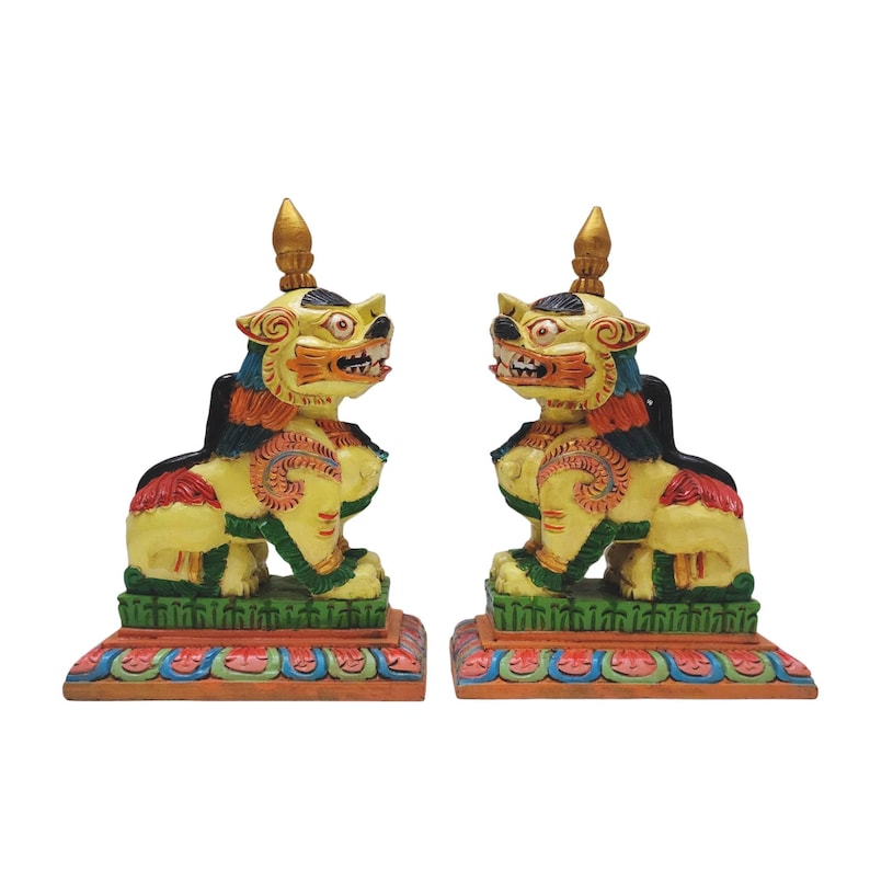 Traditional Tibetan Wooden Snow Lions Statues for Protection Door ...