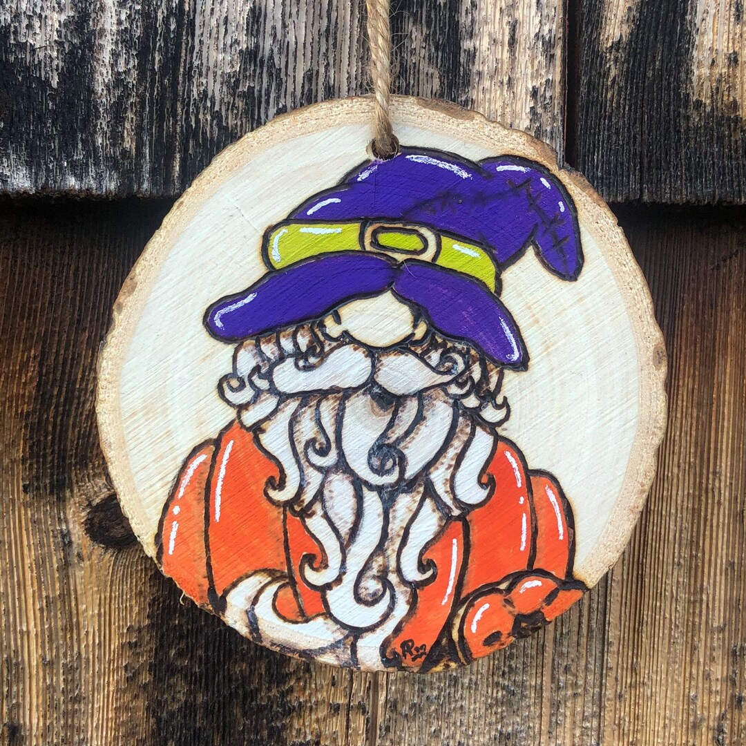 Handmade Witch Gnome Wood Burned Ornament, Pyrography Wood Ornament ...