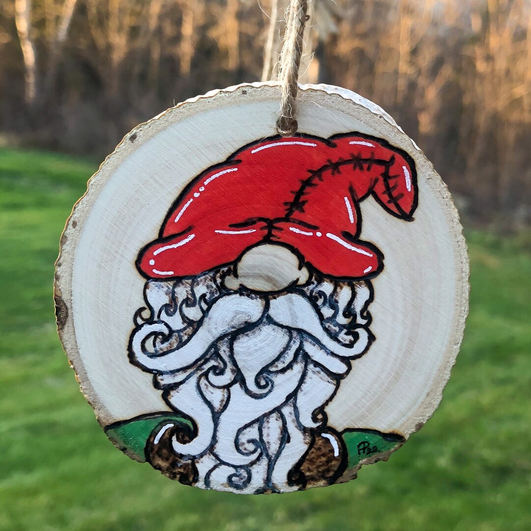 Handmade Gnome Wood Burned Ornament, Pyrography Wood Ornament, Natural ...