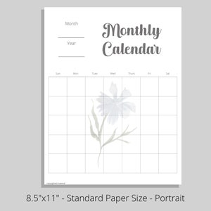 Printable Blank Monthly Calendar - Blue Flower - PDF Instant Download ...