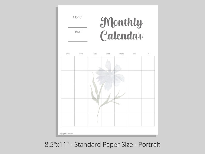 Printable Blank Monthly Calendar - Blue Flower - PDF Instant Download ...