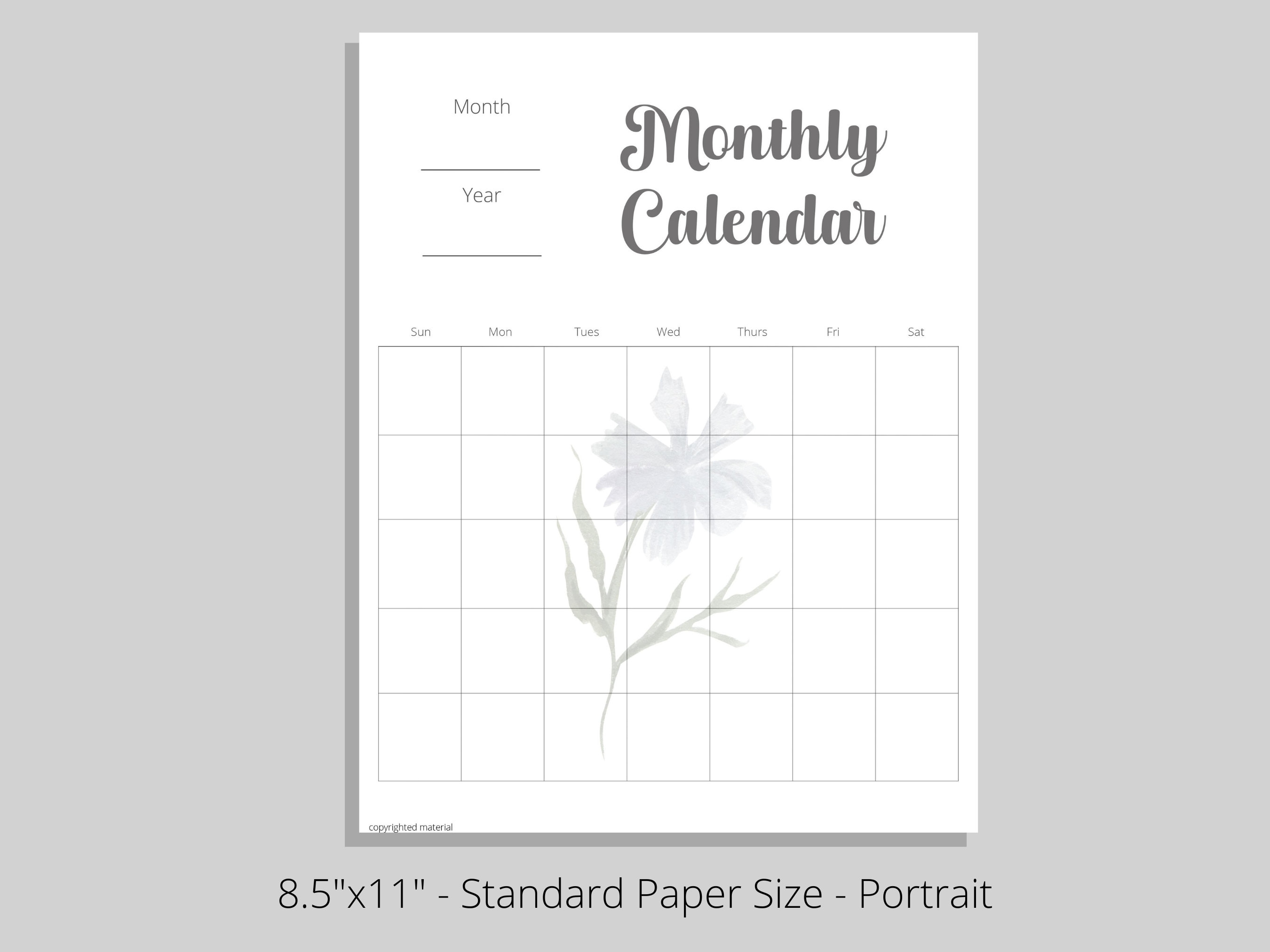Printable Blank Monthly Calendar - Blue Flower - PDF Instant Download ...