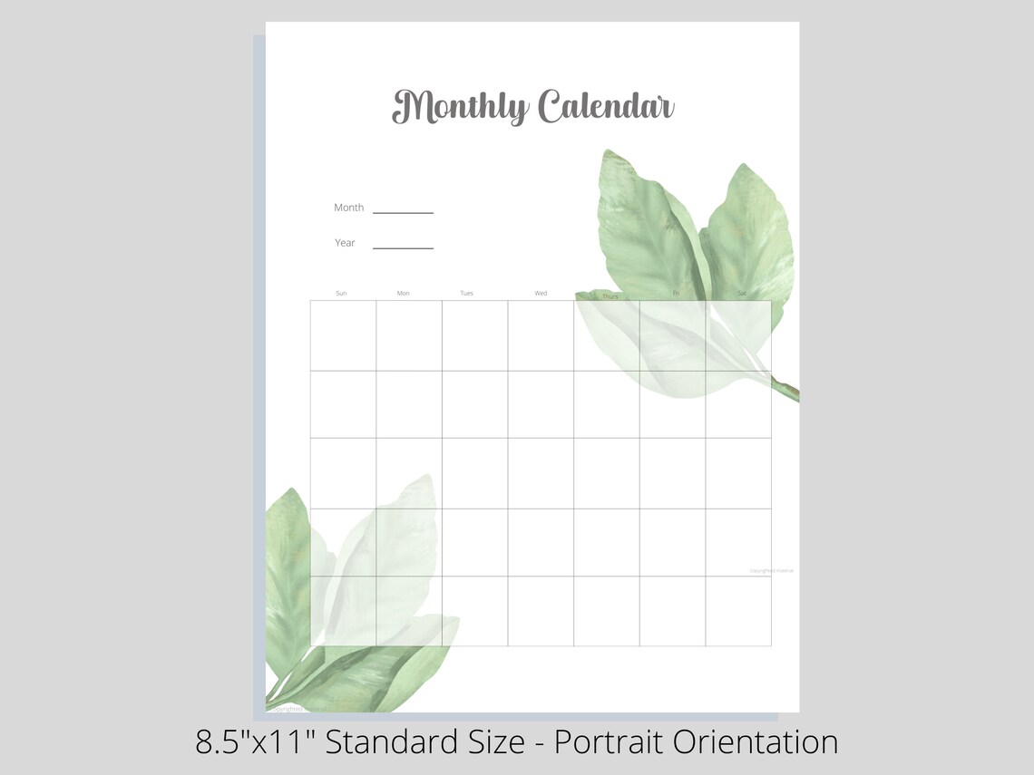 Printable Blank Monthly Calendar, Green Leaf, PDF Instant Digital ...