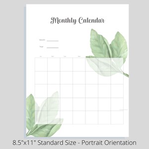 Printable Blank Monthly Calendar, Green Leaf, PDF Instant Digital ...