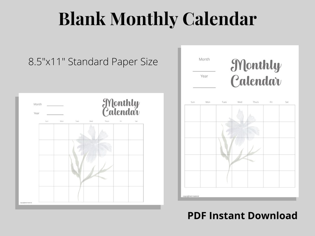 Printable Blank Monthly Calendar - Blue Flower - PDF Instant Download ...