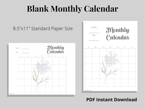 Printable Blank Monthly Calendar Blue Flower PDF Instant | Etsy