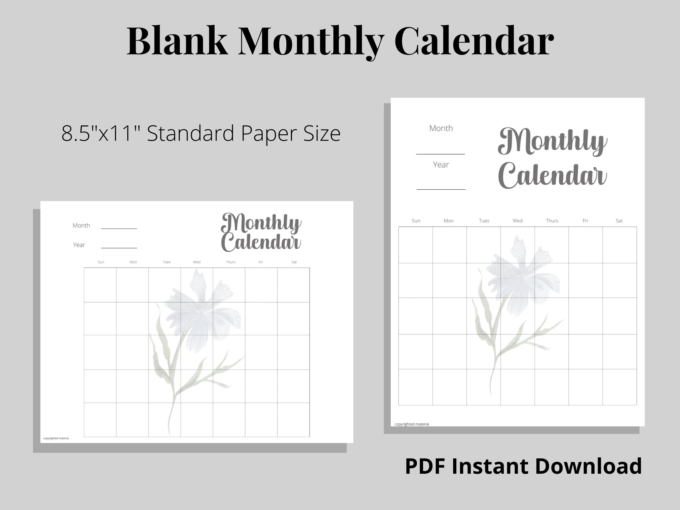 Printable Blank Monthly Calendar Blue Flower PDF Instant Download 8 ...