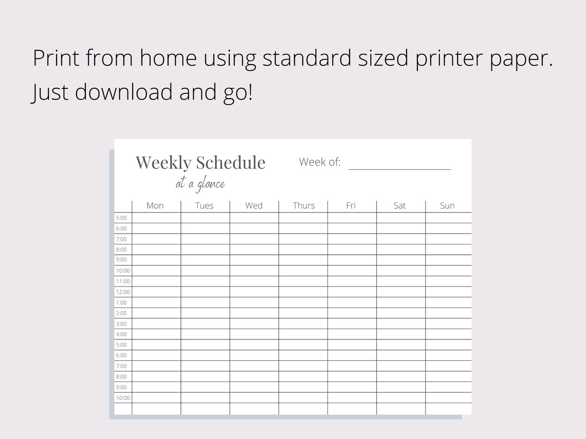 Printable Weekly Shedule - at a Glance - PDF Instant Download - 8.5"x11" Standard Printer Paper ...
