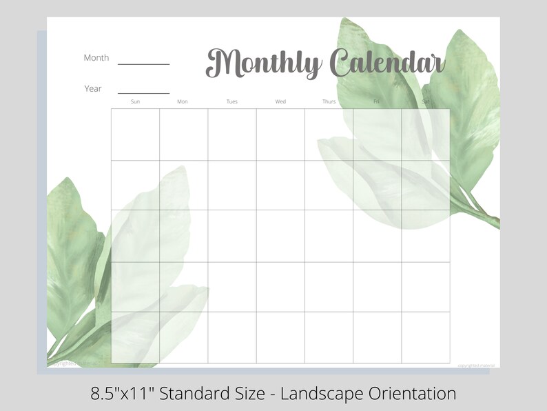 Printable Blank Monthly Calendar, Green Leaf, PDF Instant Digital ...