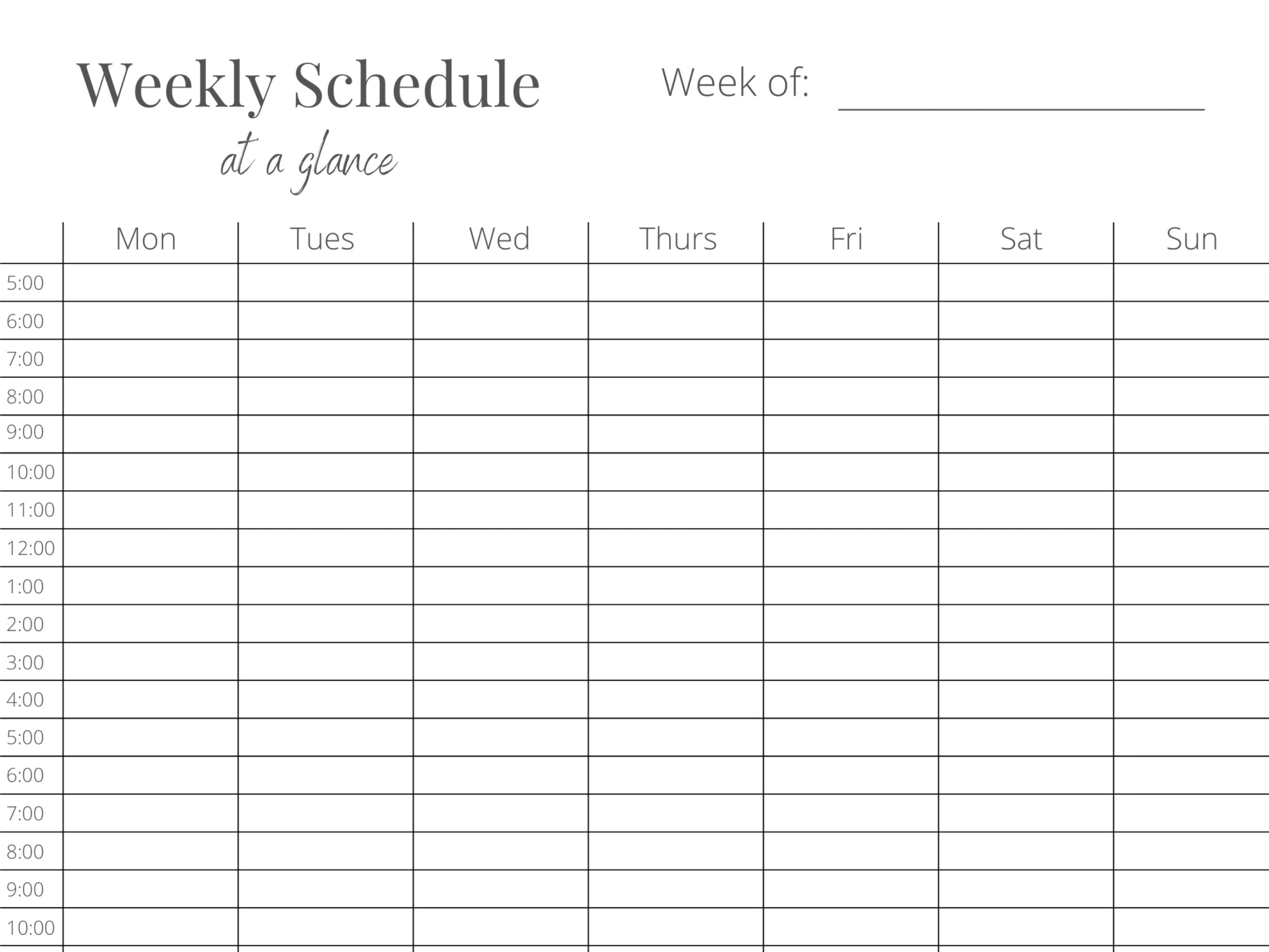 Printable Weekly Shedule - at a Glance - PDF Instant Download - 8.5"x11 ...