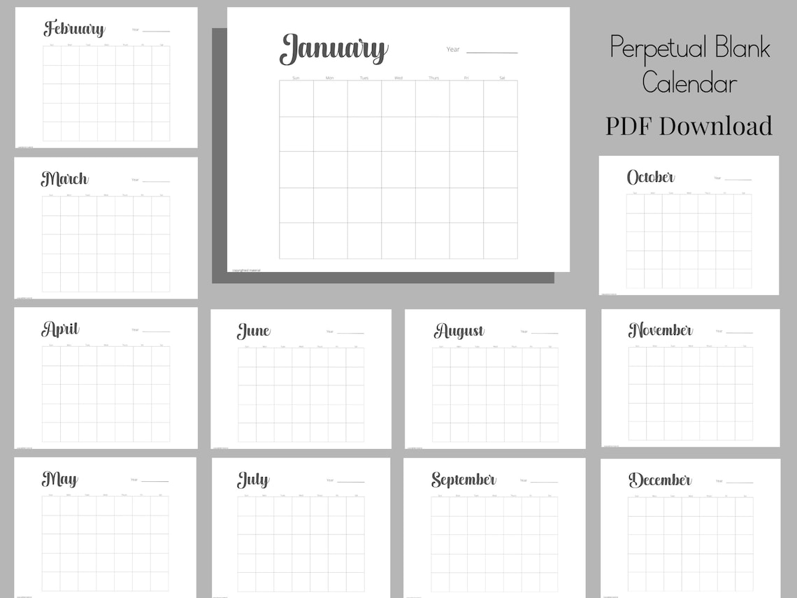 Printable Blank 12- Month Calendar, Perpetual, 8.5"x11" Standard in ...
