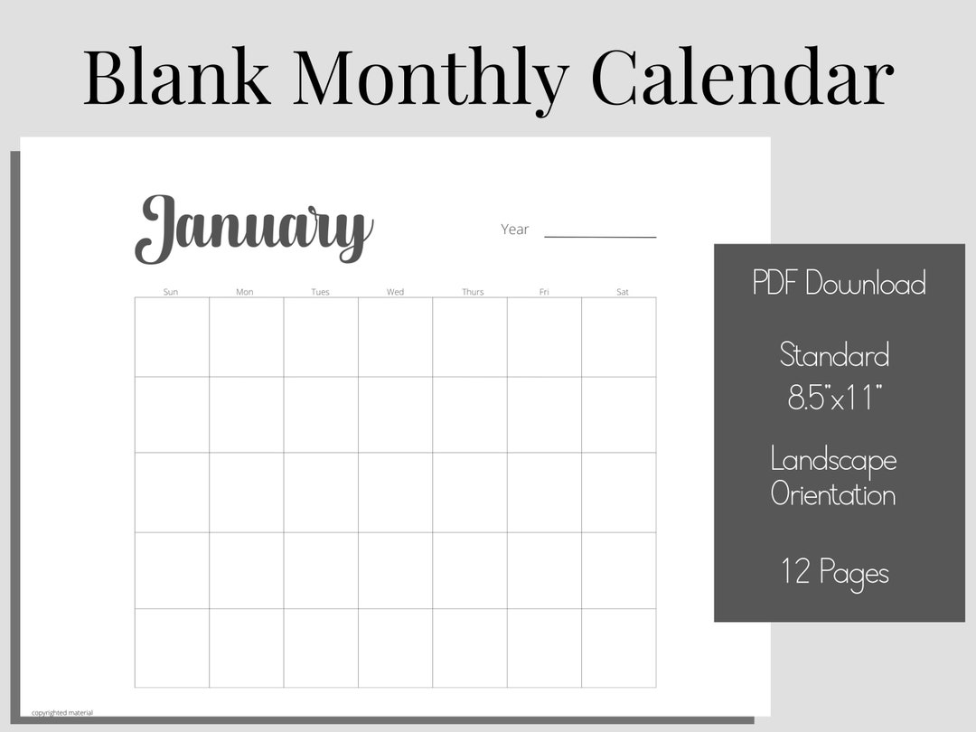 Printable Blank 12- Month Calendar, Perpetual, 8.5"x11" Standard in ...