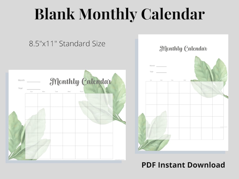 Printable Blank Monthly Calendar, Green Leaf, PDF Instant Digital ...