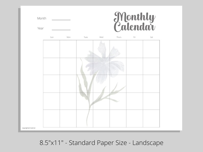 Printable Blank Monthly Calendar - Blue Flower - PDF Instant Download ...