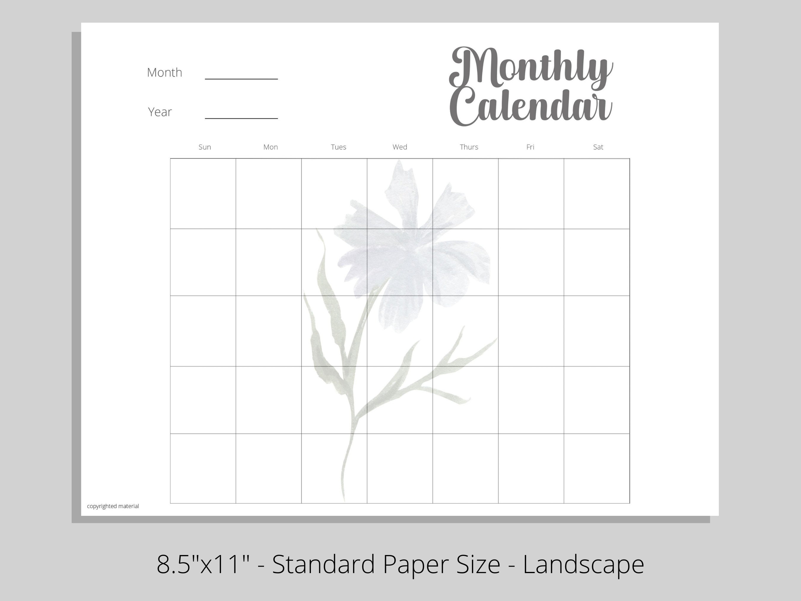 Printable Blank Monthly Calendar Blue Flower PDF Instant Download 8 ...