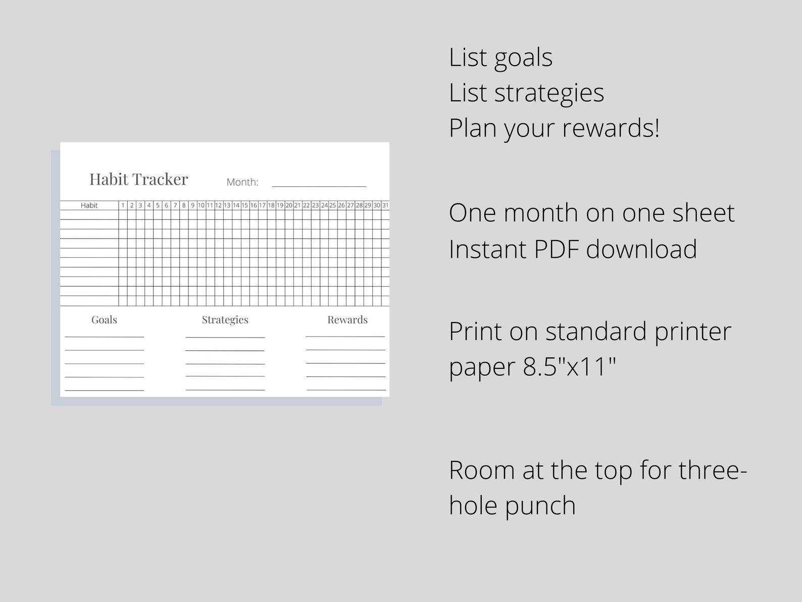 Printable Monthly Habit Tracker - Instant PDF Download - With Goals ...