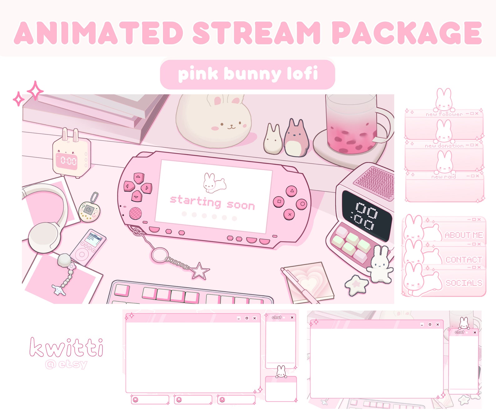 Animated Pink Cute Lofi Stream Package Bunny Plush | Y2k Aesthetic ...