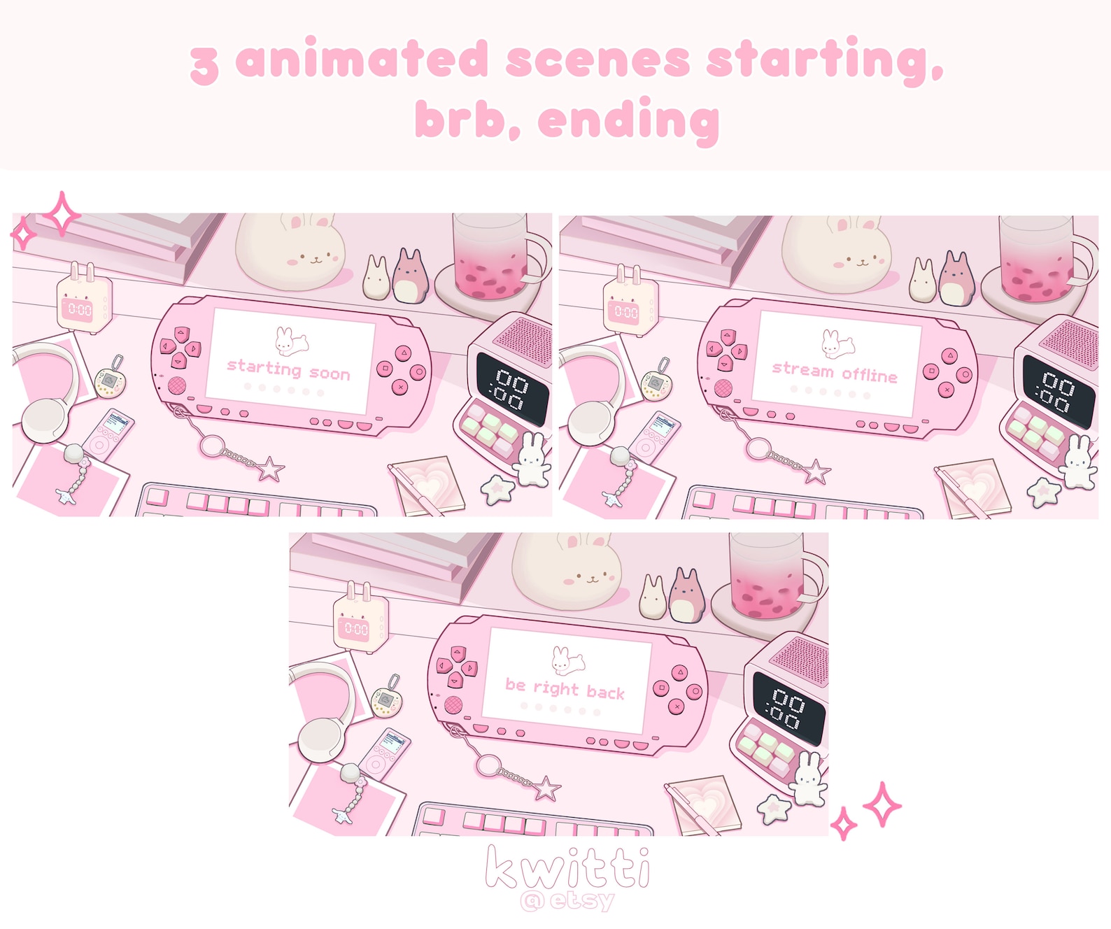 Animated Static Screens Cute Bunny Plush Lofi Desk Pink Stream Overlay ...