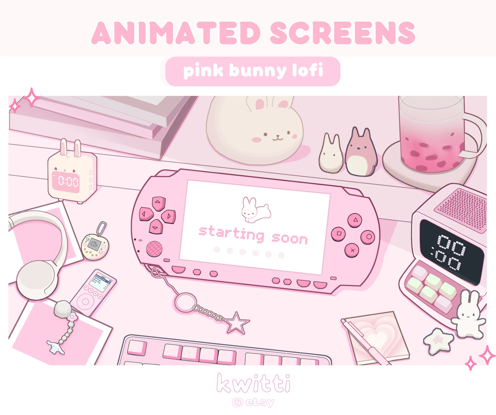 Animated Static Screens Cute Bunny Plush Lofi Desk Pink Stream Overlay ...