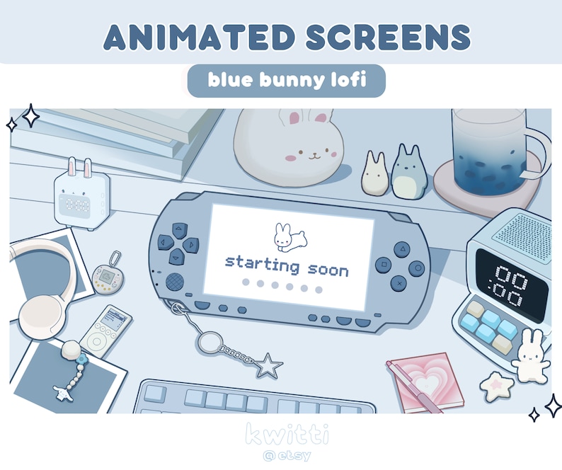 Animated Static Screens Cute Bunny Plush Lofi Desk Blue Stream Overlay ...