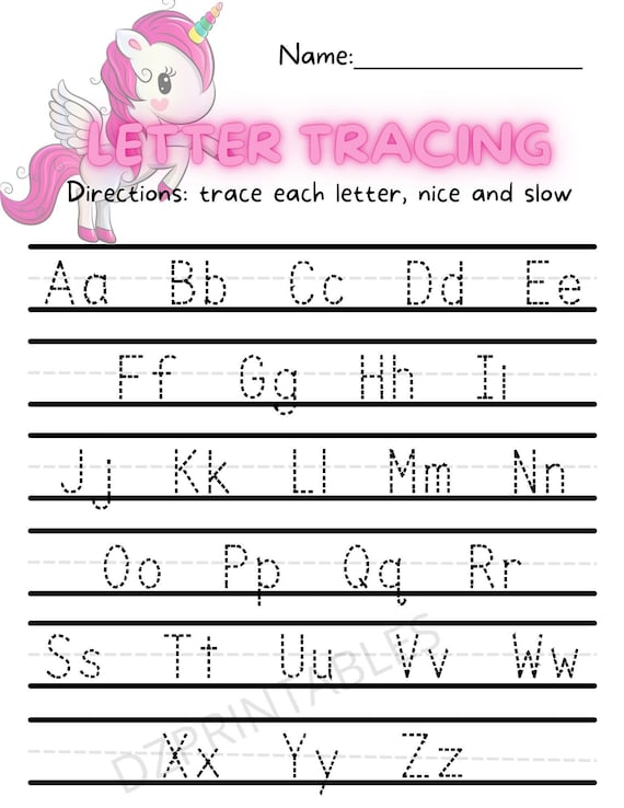 Alphabet Tracing Unicorn Letter Writing Practice Worksheet - Etsy