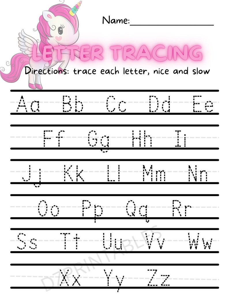 Alphabet Tracing- Unicorn Letter Writing Practice Worksheet- Instant ...
