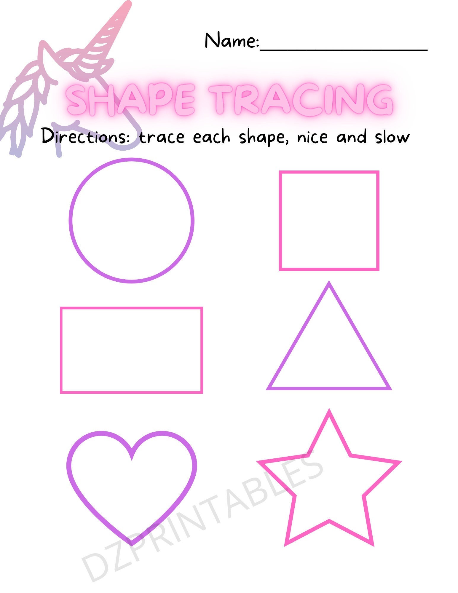 Shape Tracing- Unicorn-themed Shape Worksheet- Instant Download - Etsy