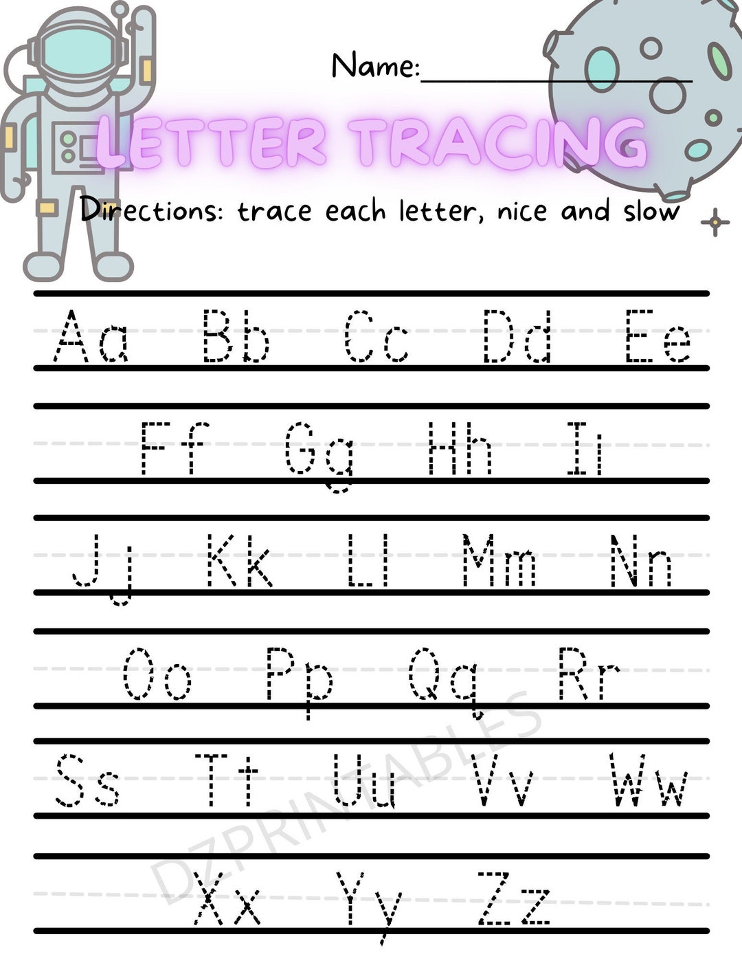 Alphabet Tracing- Space-themed Letter Practice- Instant Download - Etsy