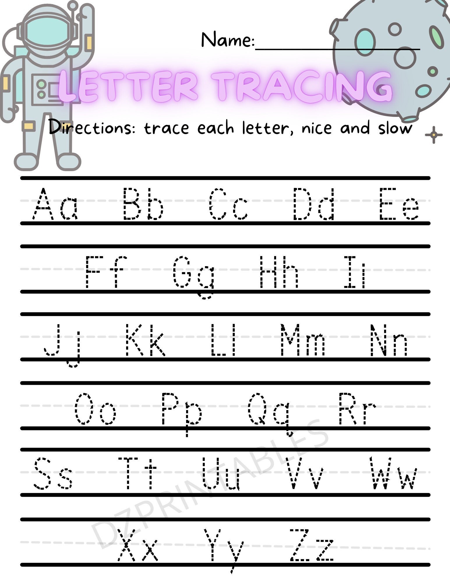 Alphabet Tracing- Space-themed Letter Practice- Instant Download - Etsy