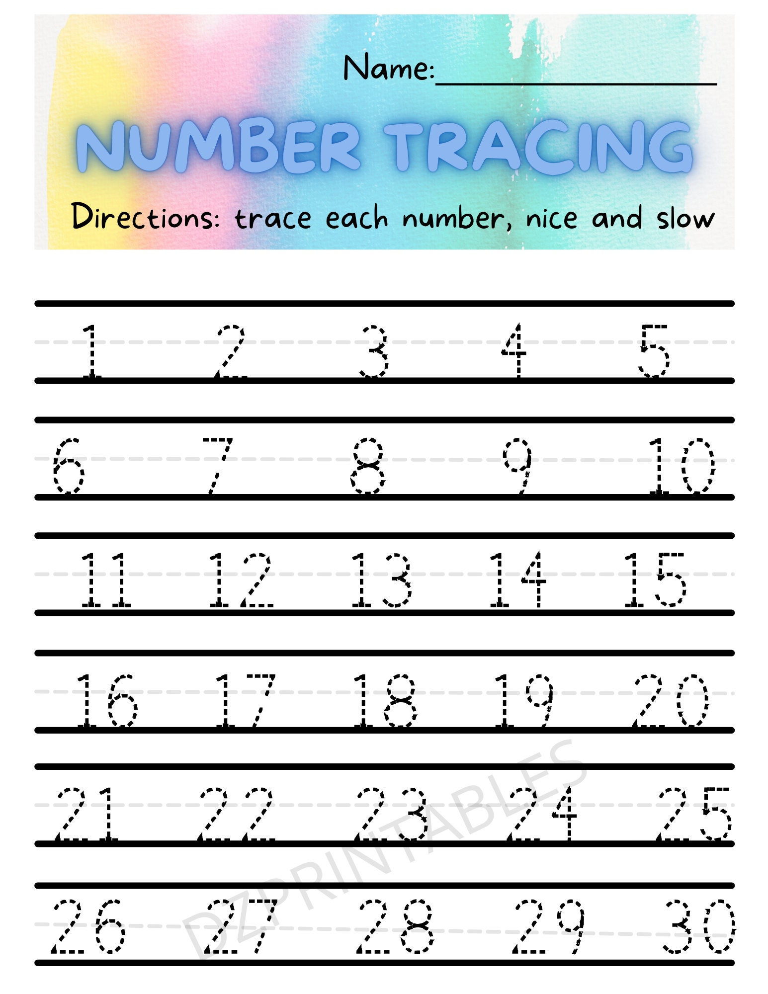Number Tracing- Rainbow Number Practice- Instant Download - Etsy