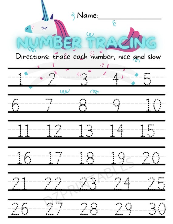 Number Tracing Unicorn Number Writing Practice 1-30 Instant | Etsy