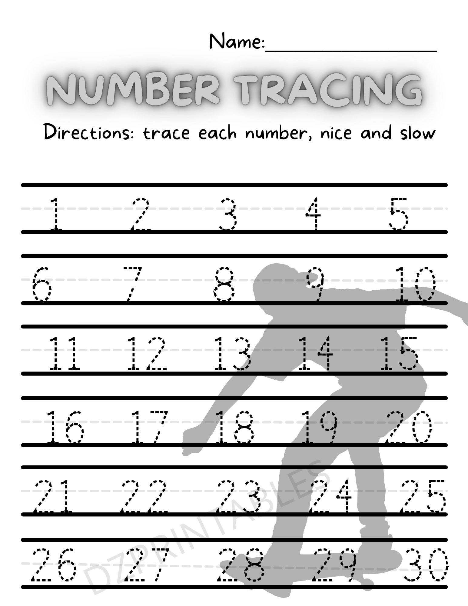 Number Tracing- Skateboard-themed Number Practice 1-30- Instant ...