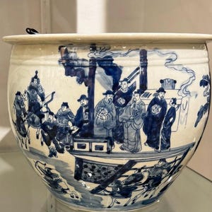 Elegant Blue & White Chinoiserie Porcelain Planter: Figural Cachepot ...