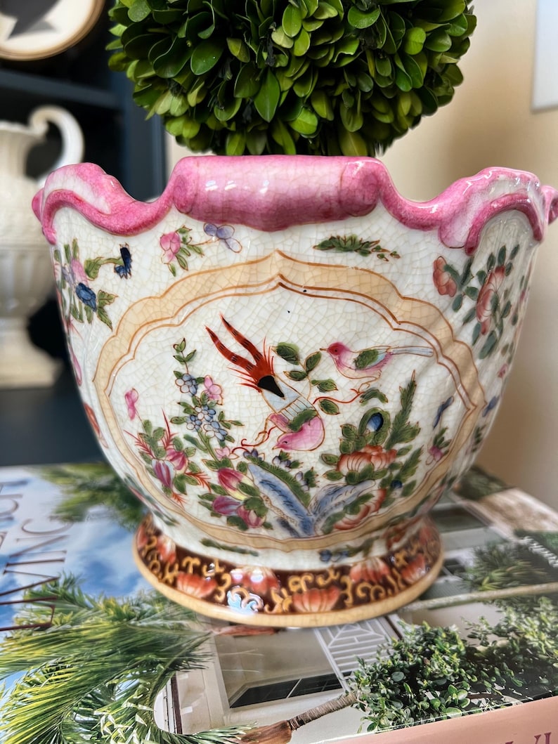 Colorful Chinoiserie Floral Porcelain Planter Cachepot, Asian Style ...
