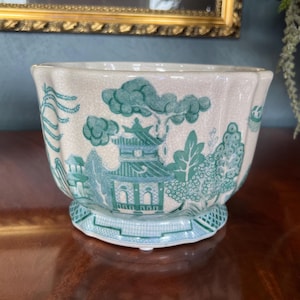Elegant Turquoise Chinoiserie Porcelain Planter: Willow Style Cachepot ...