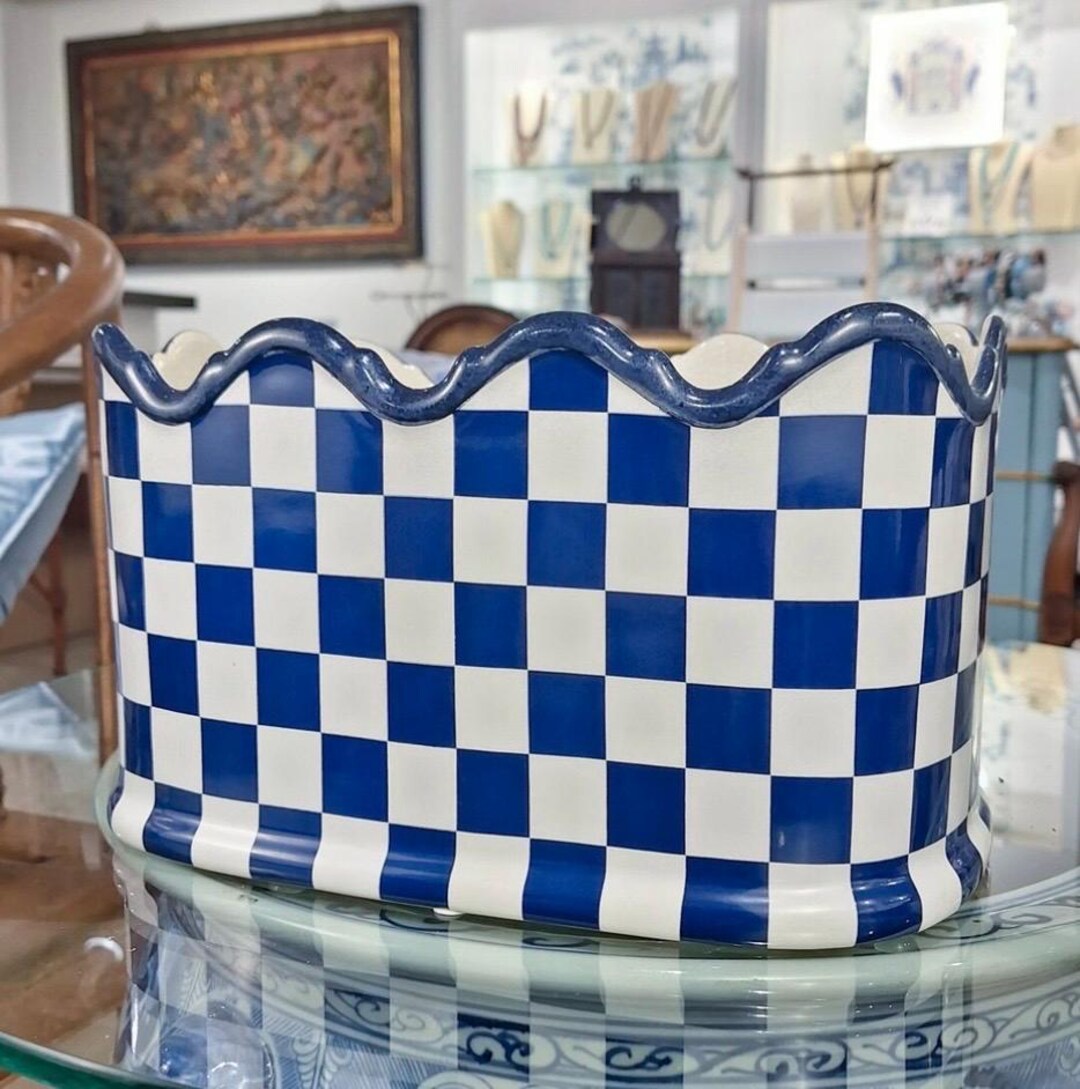 Blue and White Checkered Oval Planter, Table Centerpiece - Etsy