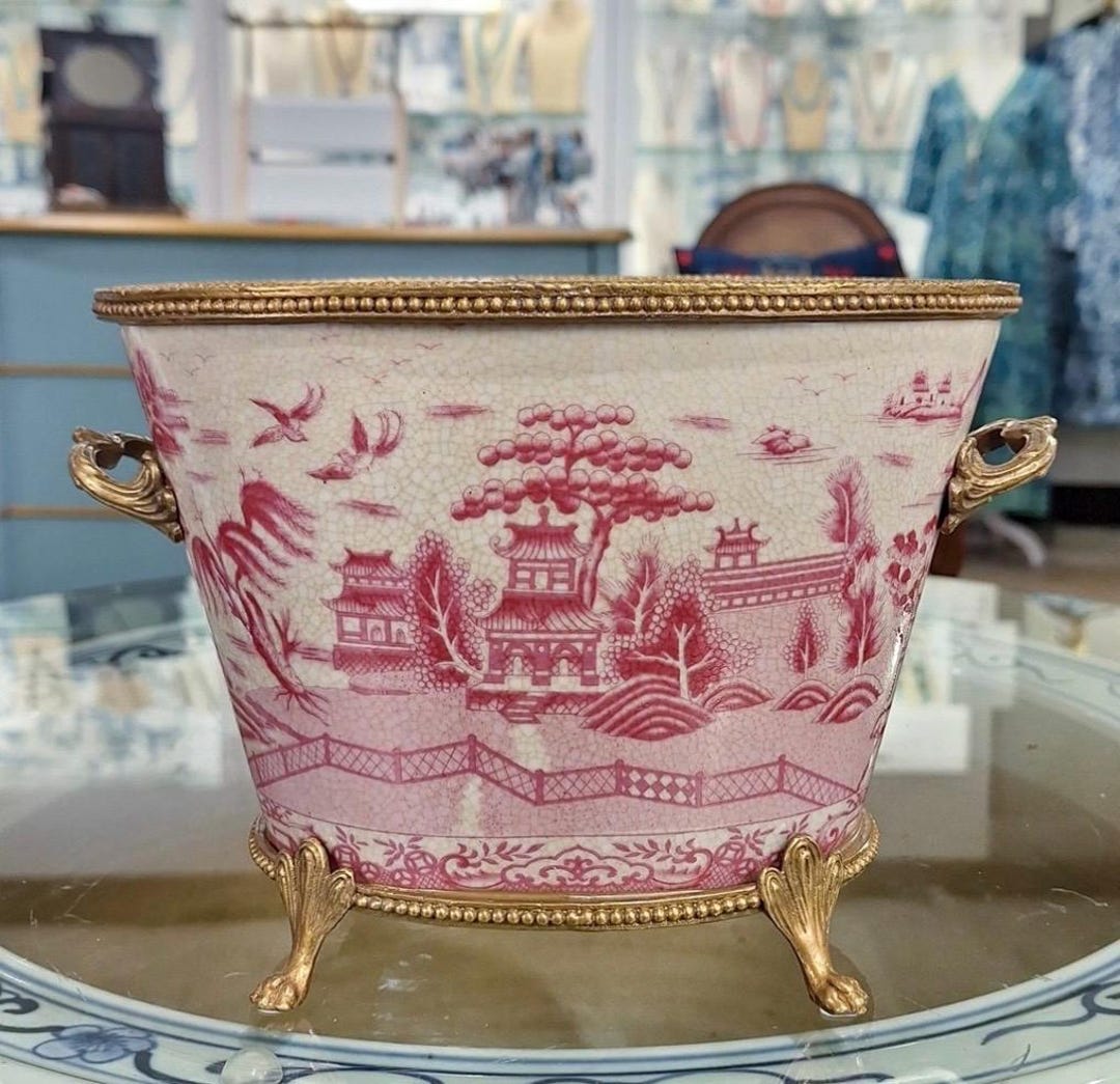 Footed Pink Chinoiserie Planter Cachepot With Bronze Ormolu Accents ...