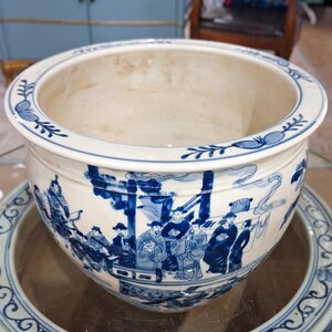 Elegant Blue & White Chinoiserie Porcelain Planter: Figural Cachepot ...