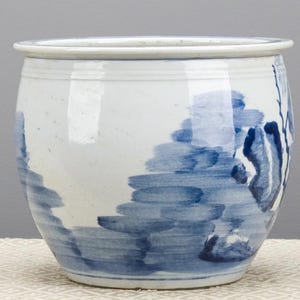 Elegant Blue & White Chinoiserie Porcelain Planter: Figural Cachepot ...