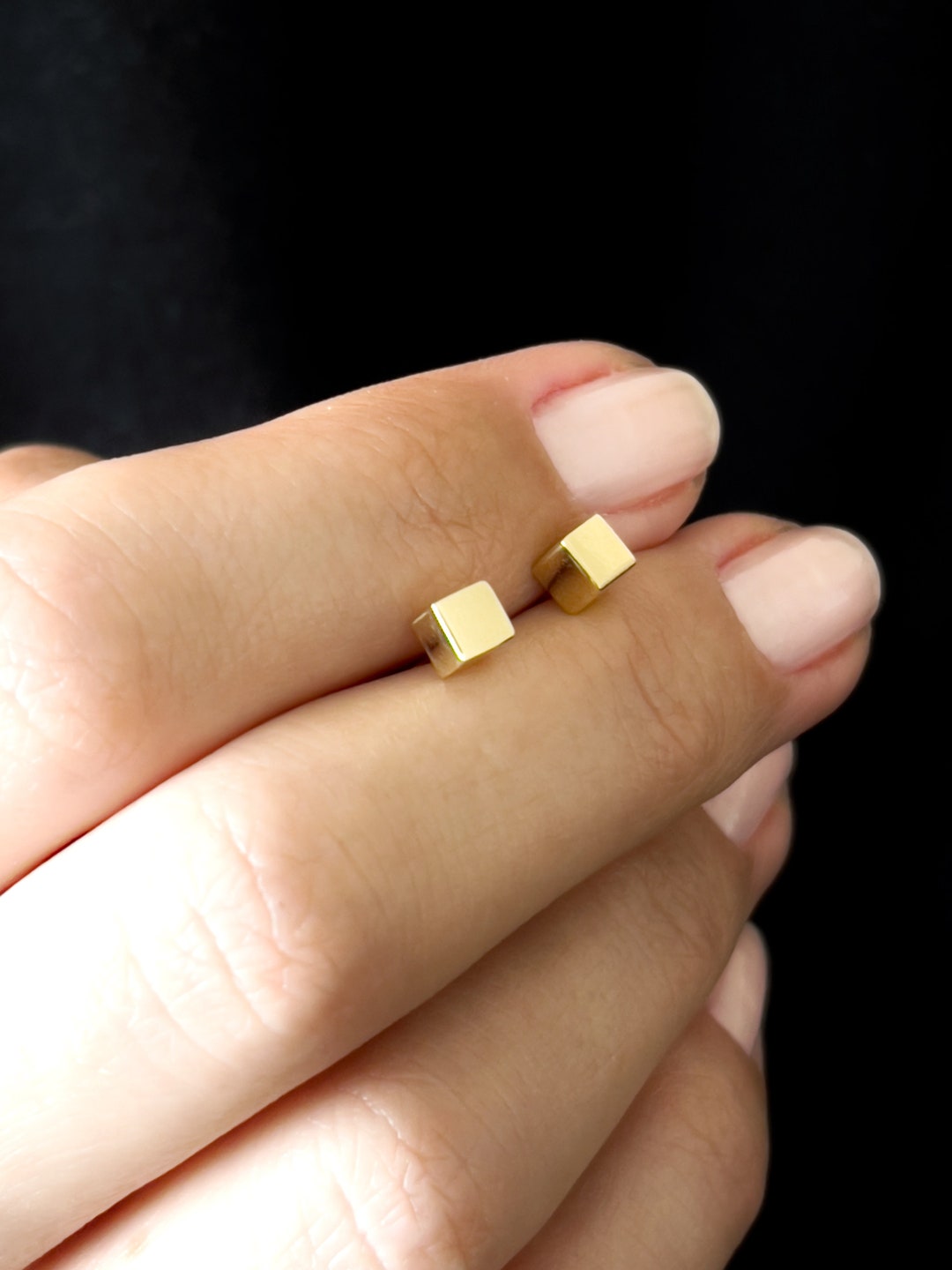 14K Solid Gold Cube Earrings Studs,real Yellow Solid Gold, Geometric ...