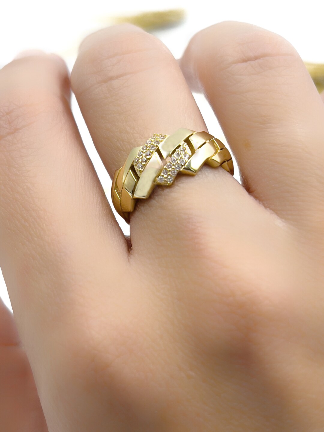 14K Yellow Gold Cuban Link Ring, Thick Chain Curb Ring, Bold Chain Ring ...