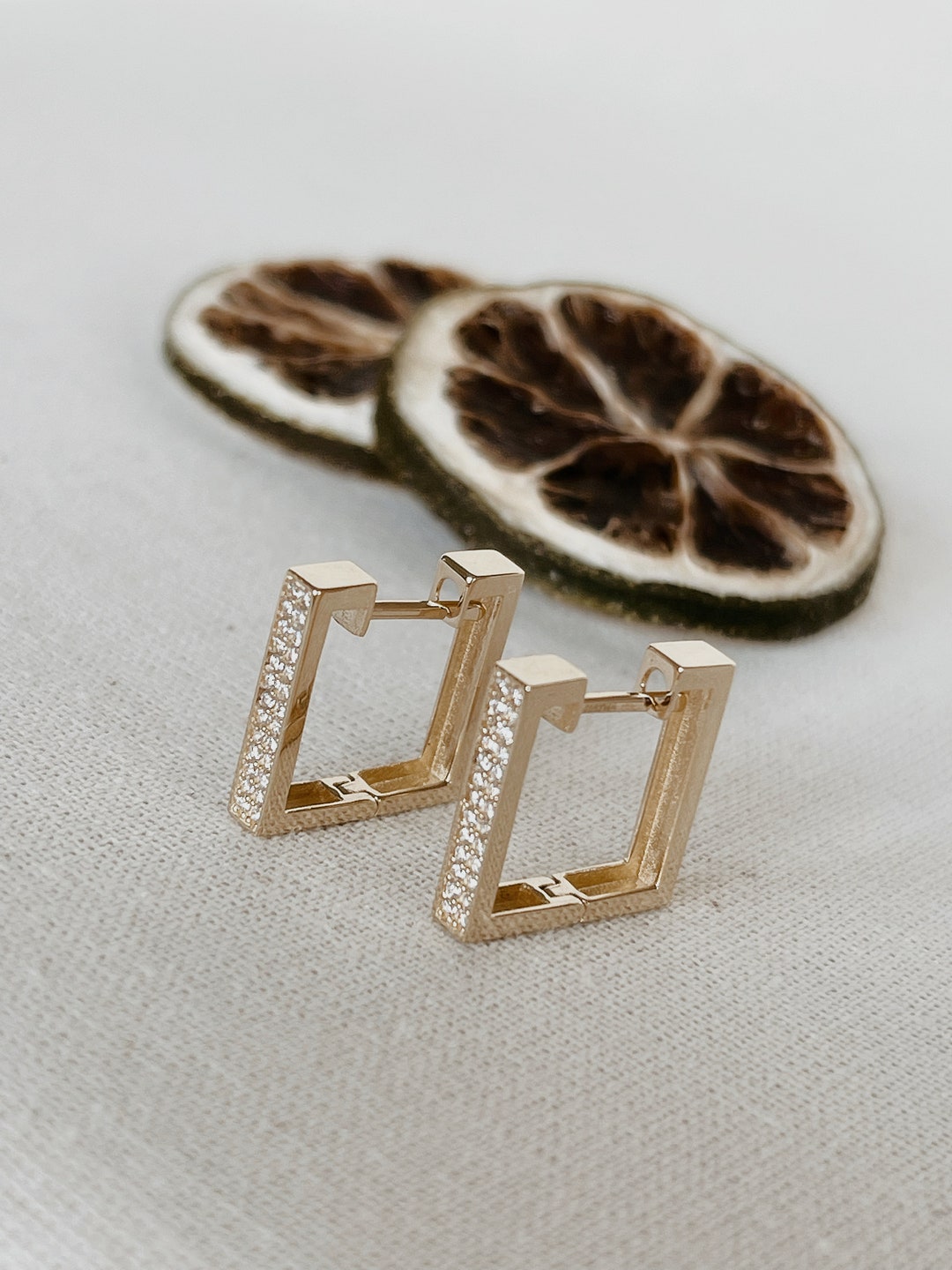 14K Solid Gold Square Huggie Hoop Earrings, Real 14K Yellow Gold ...