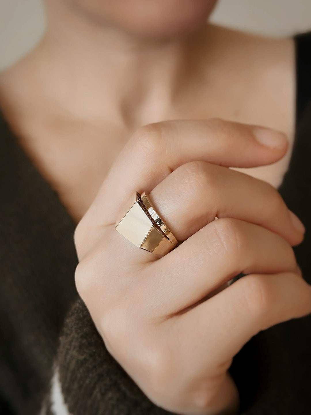 14k Dome Angular Ring,solid Yellow Gold Polygonal Band, Double Ring ...